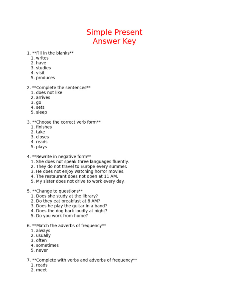 Simple Present ANSWER KEY | PDF
