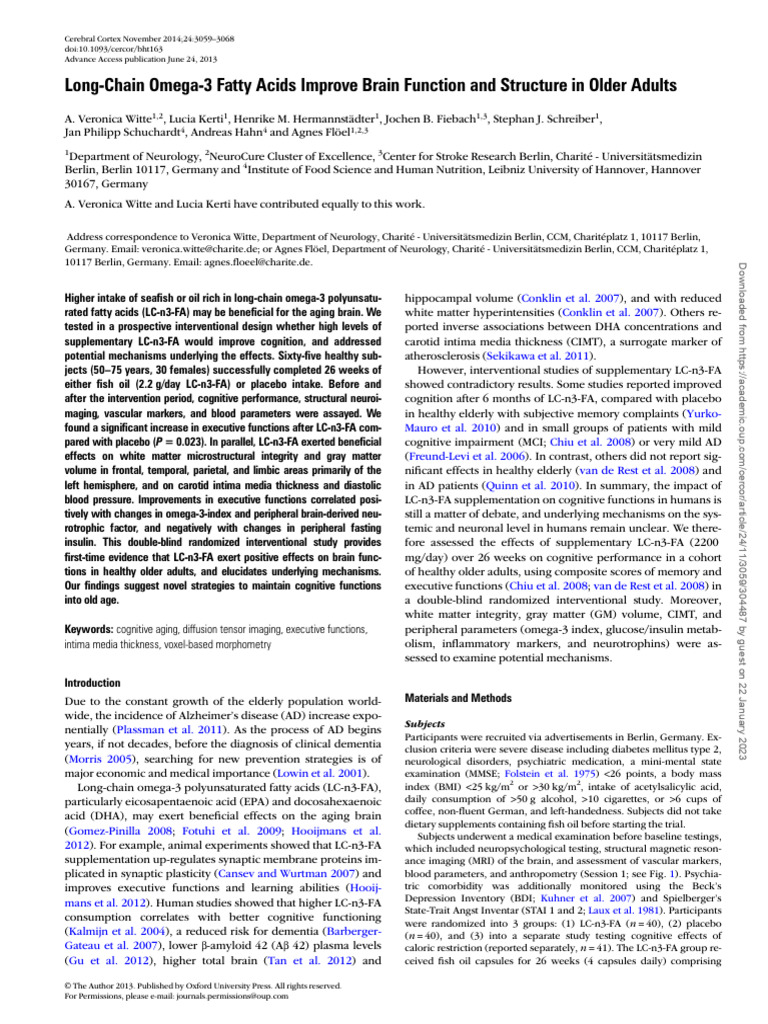 Long Chain Omega 3 Fatty Acids Improve Brain Function and Structure in ...