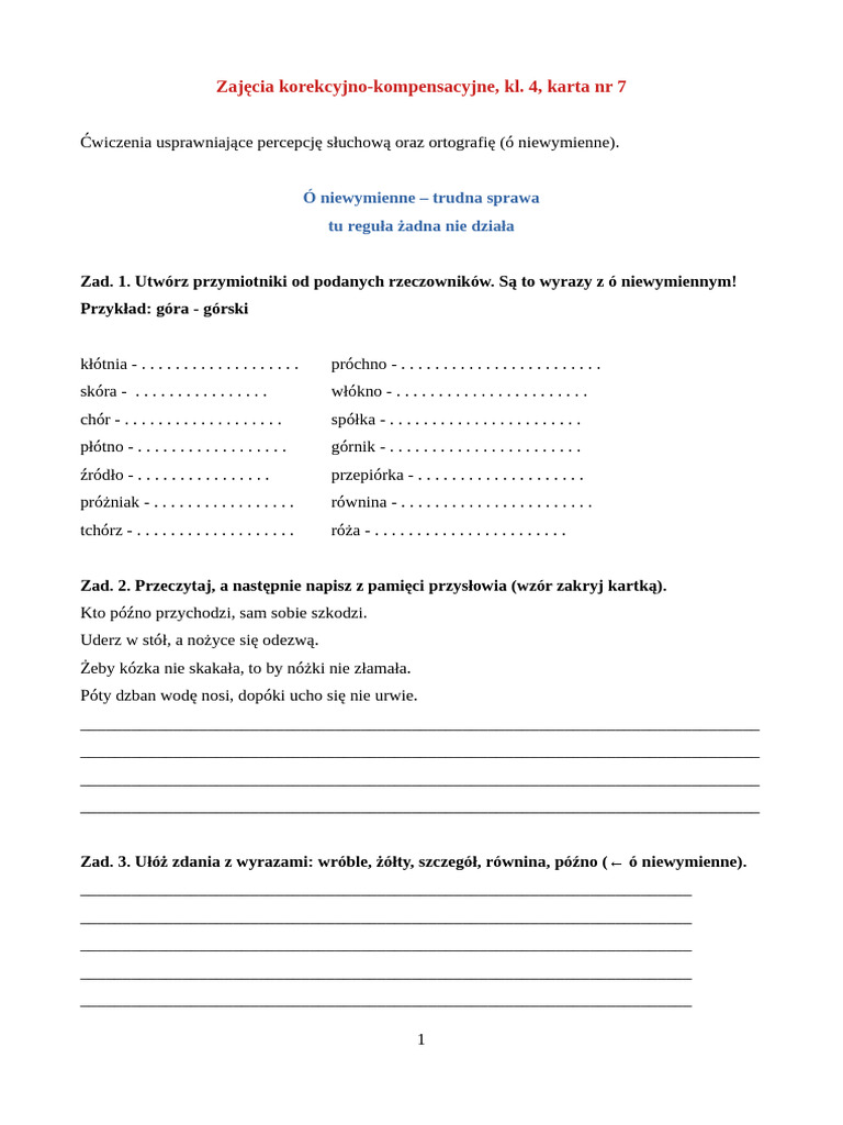 Karta Pracy Klasa 4 Korekcyjno Kompensacyjne | PDF