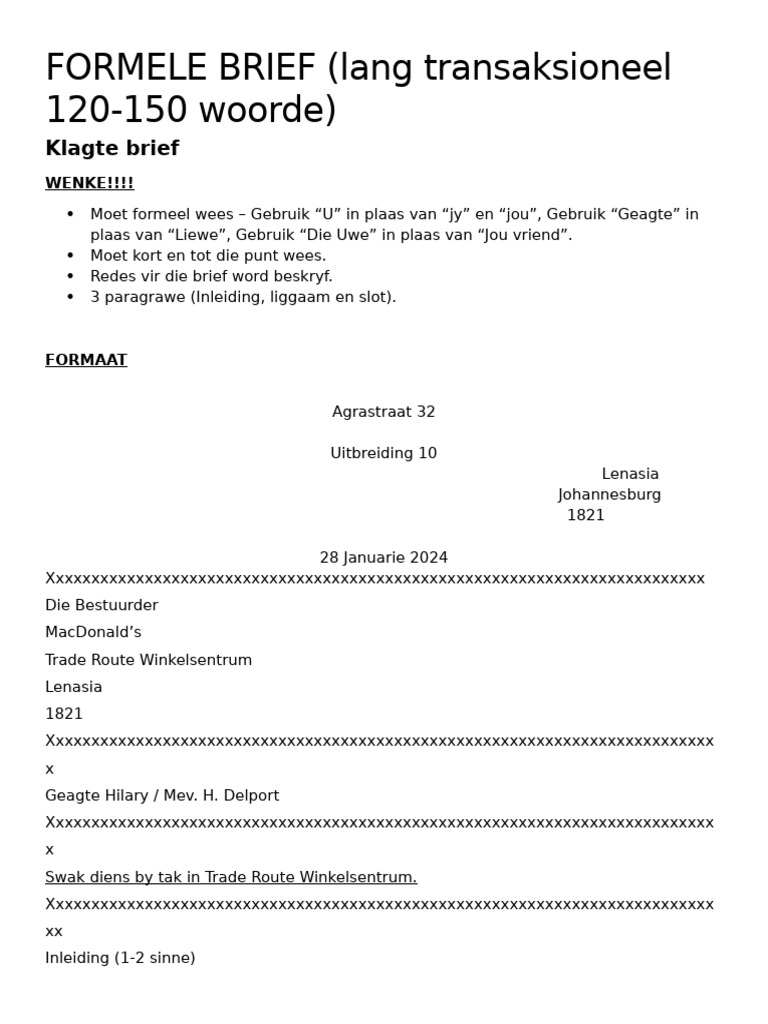 Skryf Formele Brief Graad 11 | PDF