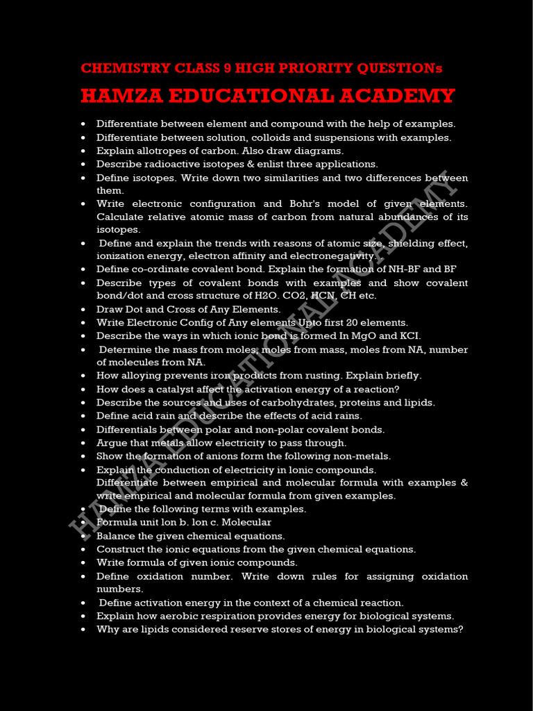 CHEMISTRY CLASS 9 HIGH PRIORITY QUESTIONs | PDF | Chemical Reactions ...