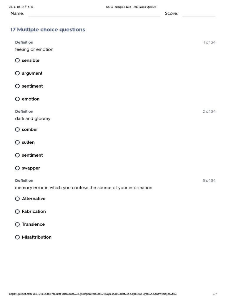 SSAT -sample ( Dec - Jan.1wk) _ Quizlet | PDF