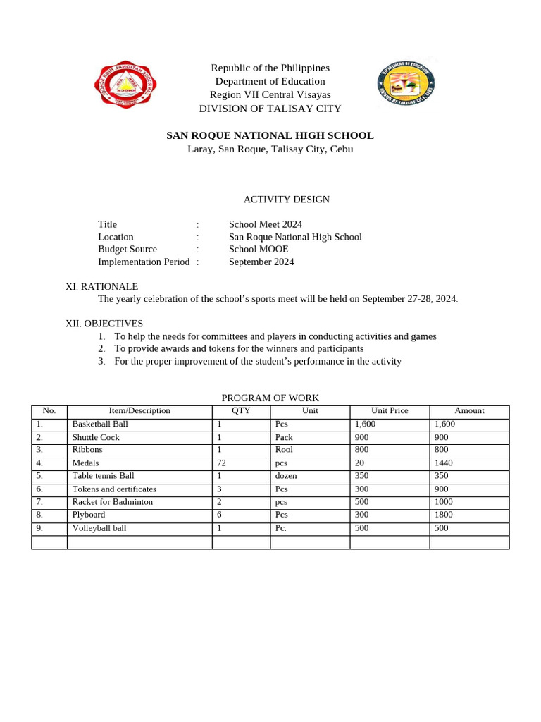 activity design for intramurals 2024 | PDF