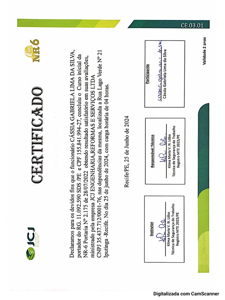 Cert. NR - 6 Cássia | PDF