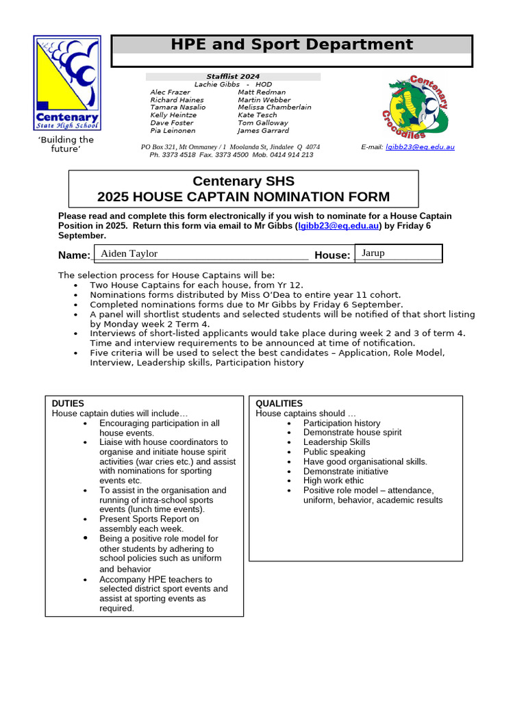 Aiden Taylor 2025 HOUSE CAPTAIN APPLICATION | PDF | Social Psychology ...
