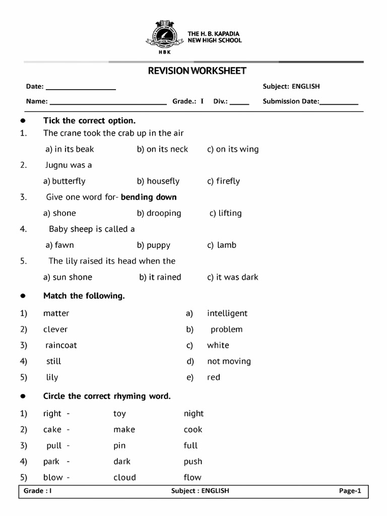 Grade 1 - English - Revision Worksheet | PDF