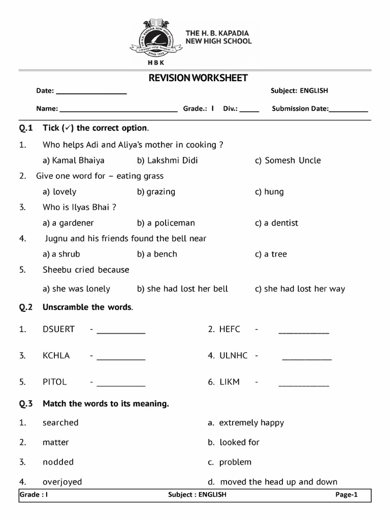 Grade-1 English Revision Worksheet | PDF