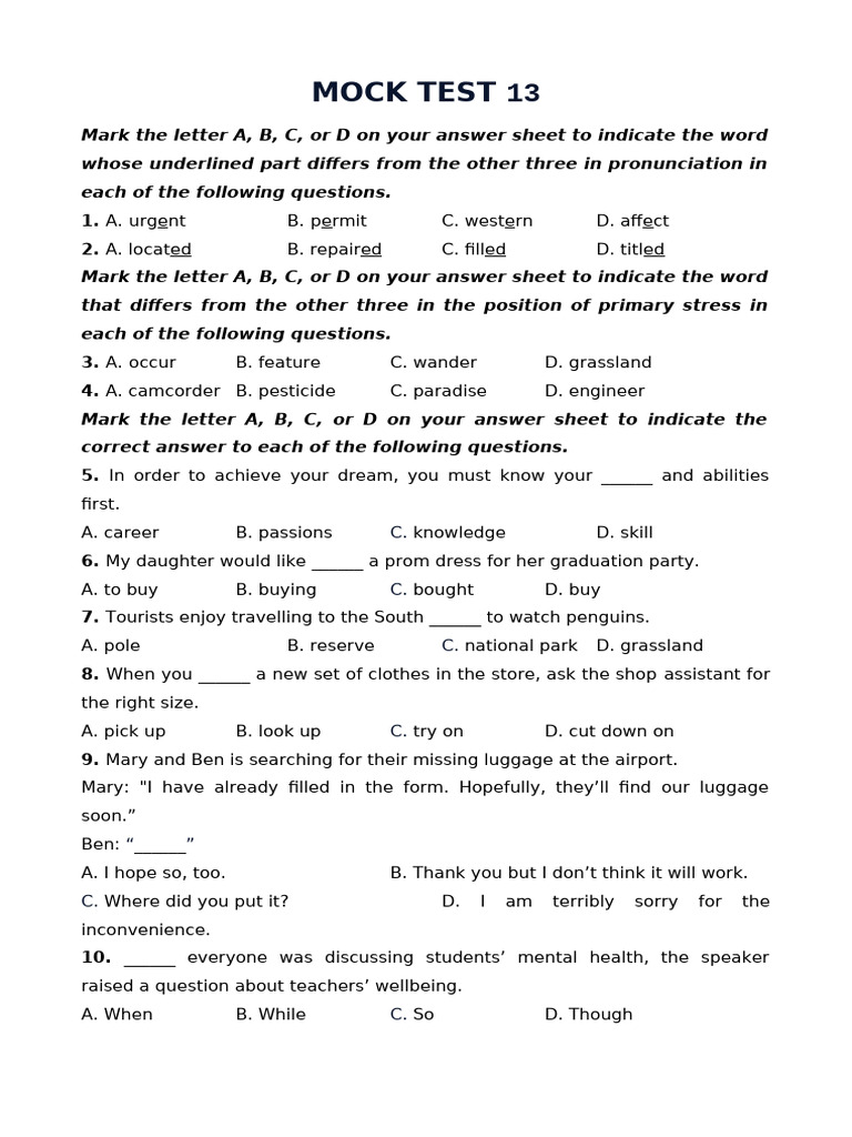 Pronunciation and Stress Mock Test | PDF | Decision Making