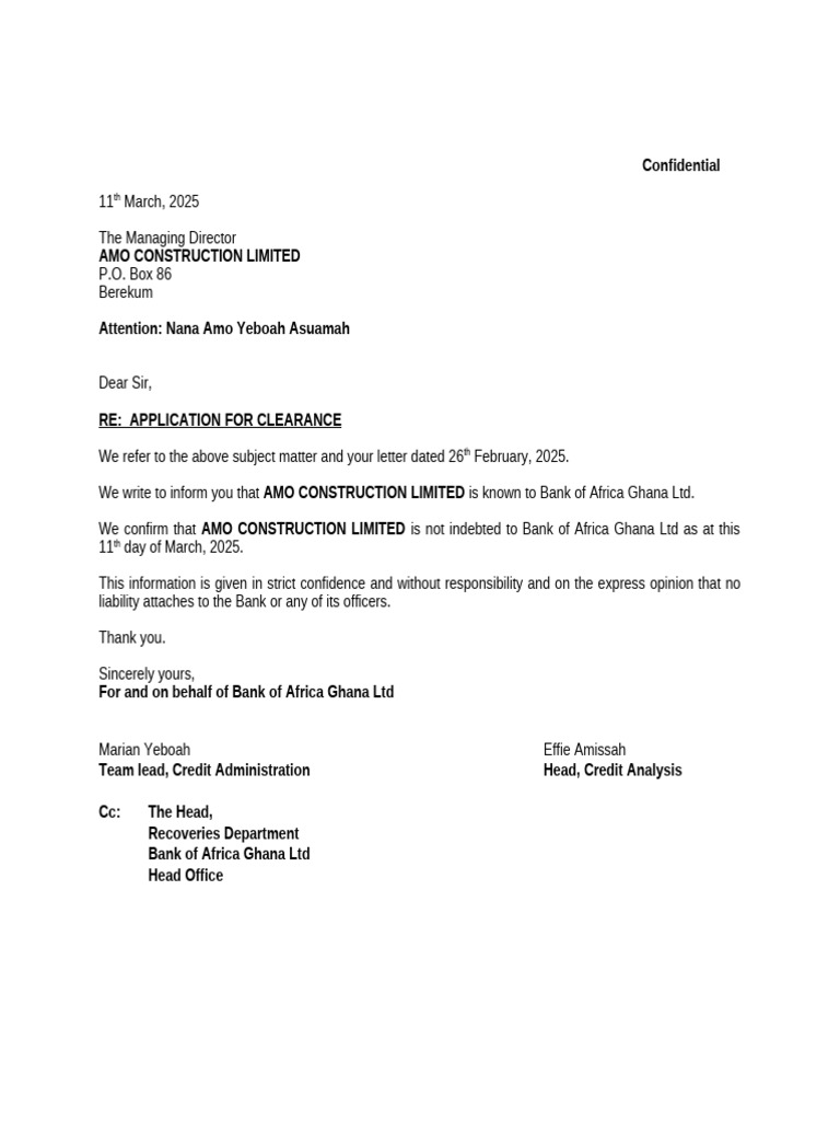 Amo Construction Limited Clearance Letter | PDF