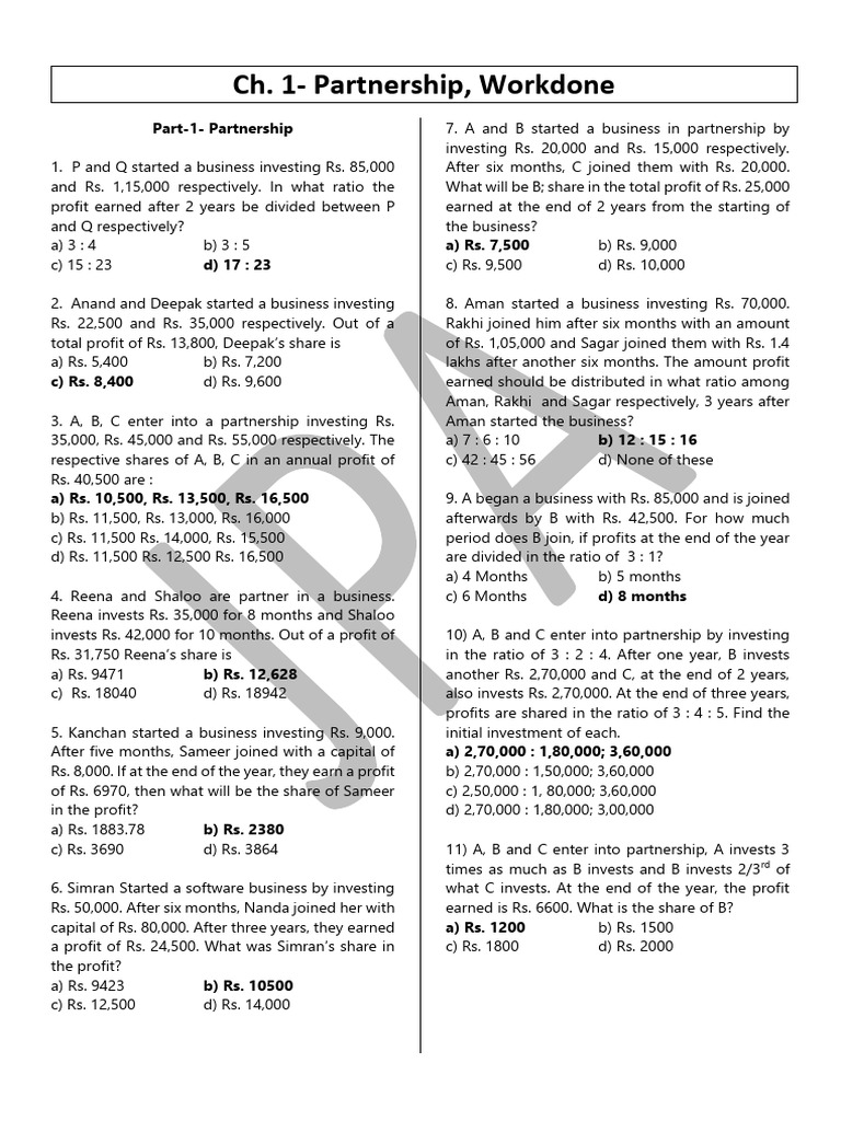 Ch. 1 - Partnership, Workdone Question-1 With Answer Key | PDF