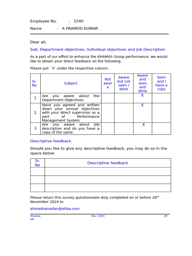 Employee Objectives Feedback Survey | PDF