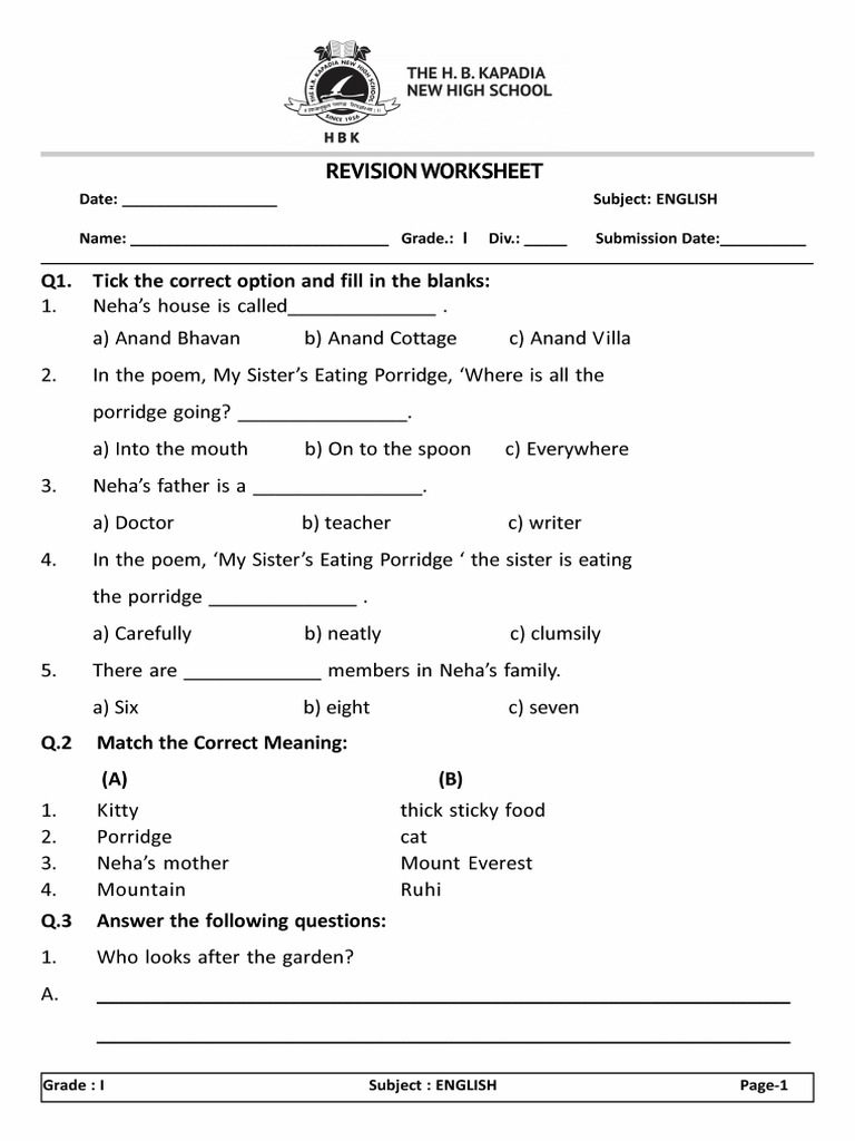 Grade 1 - English Revision Worksheet | PDF