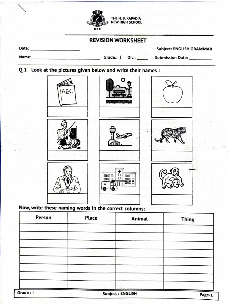 Grade 1 - English - Revision Worksheet | PDF