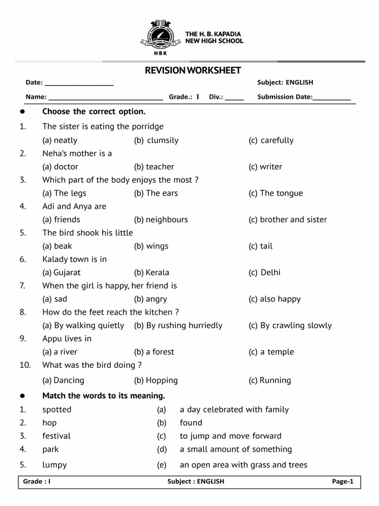 Grade 1 - English Revision Worksheet-1-1909 | PDF