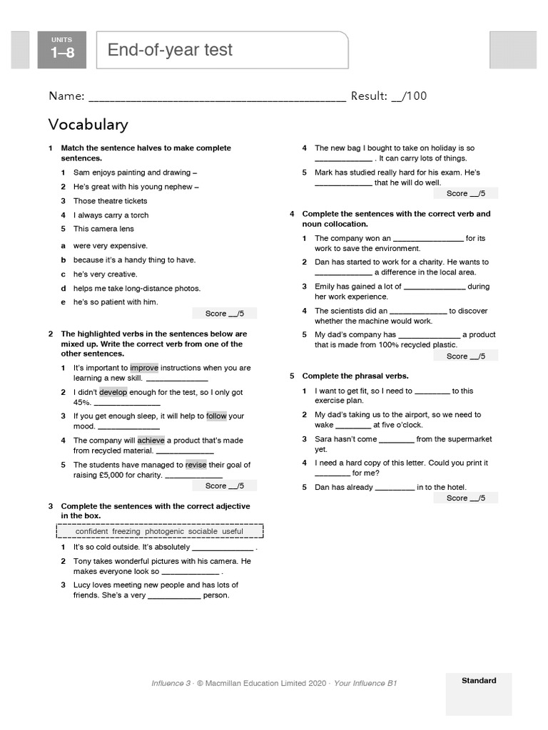 Influence 3 End-of-Year Test | PDF | Grammar | Linguistics