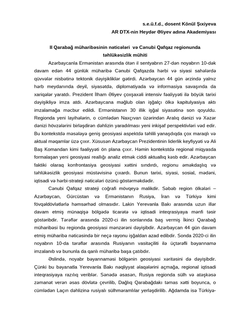 2-Ci Qarabag Muharibesinin Neticeleri Ve Cenubi Qafqazda Teh-K Muhiti-KÖNÜL ŞIXİYEVA | PDF