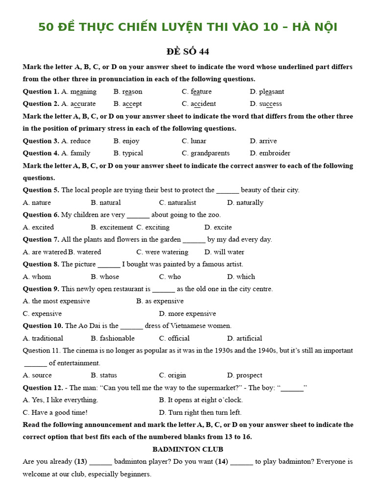 50 de Thuc Chien Luyen Thi Vao 10 Mon Anh Ha Noi Nam 2025 Co Dap An BVV de So 44 | PDF ...