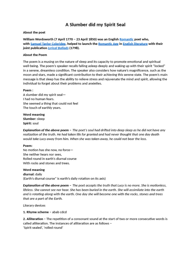 A Slumber Did My Spirit Seal | PDF | Poetry