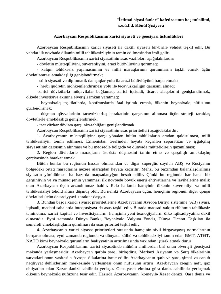 AR-nin Xarici Siyaseti Ve Geosiyasi Ustunlukleri-Tezis | PDF