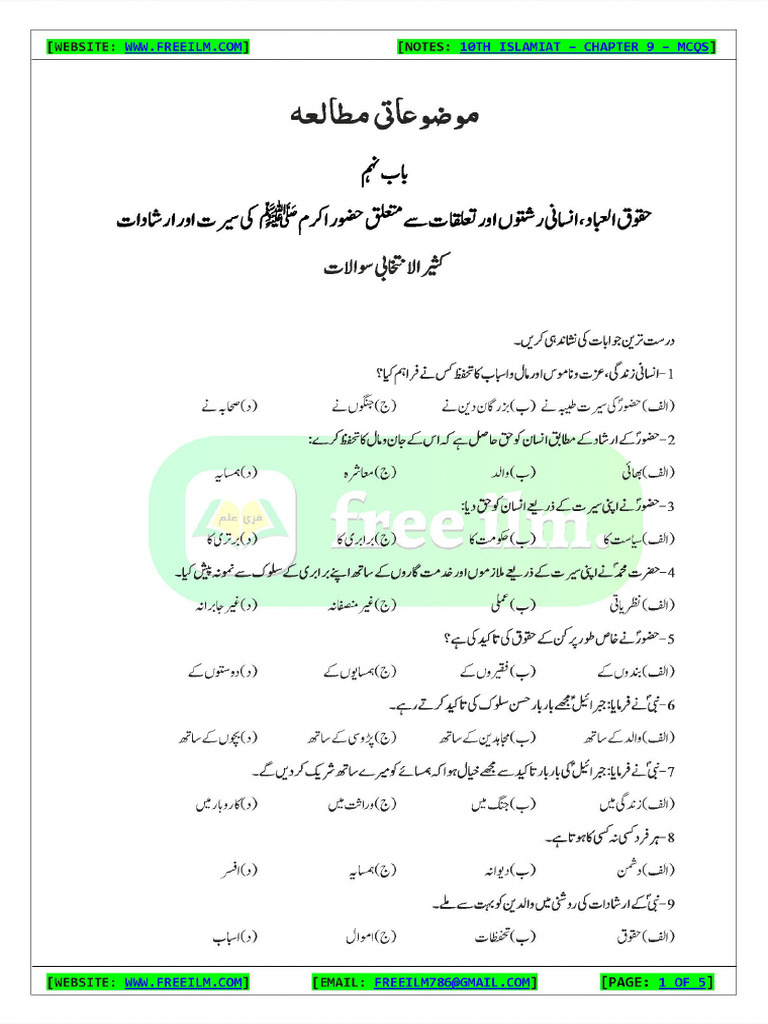 10th Islamiat CH 9 MCQs | PDF