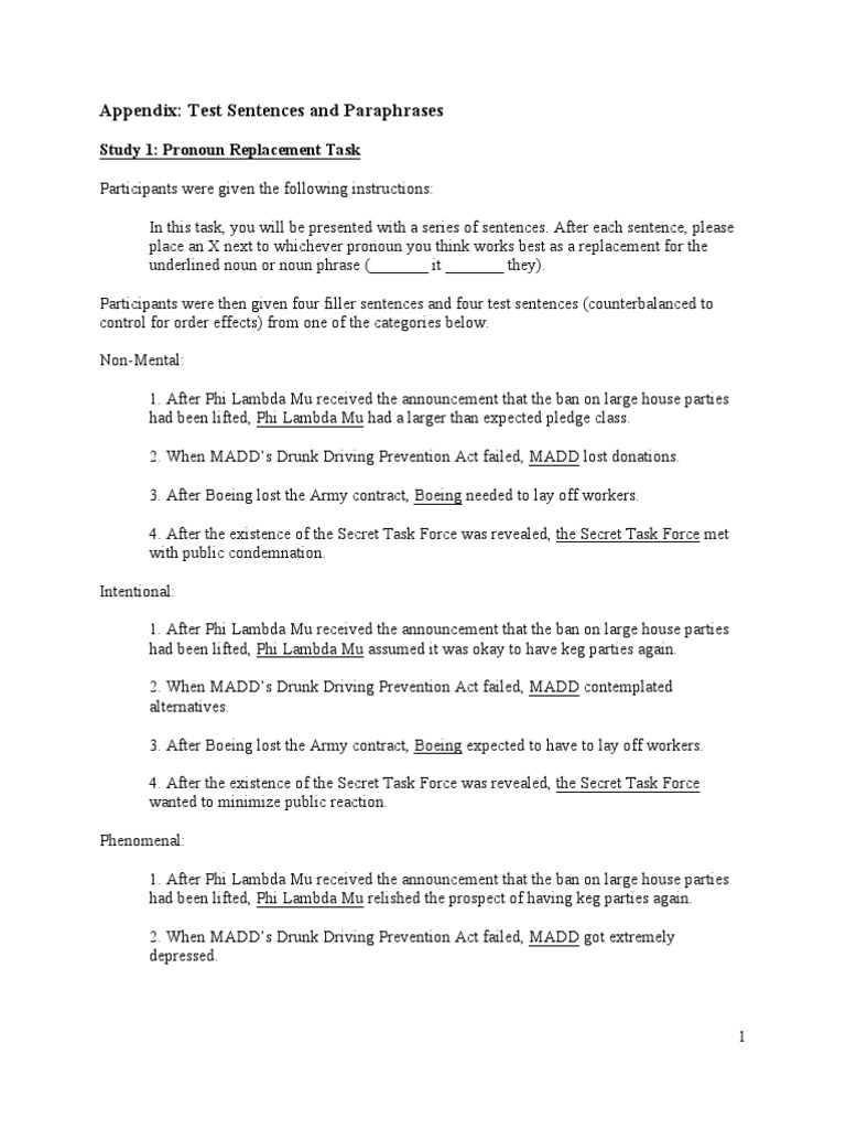 Appendix: Test Sentences and Paraphrases: Study 1: Pronoun Replacement ...