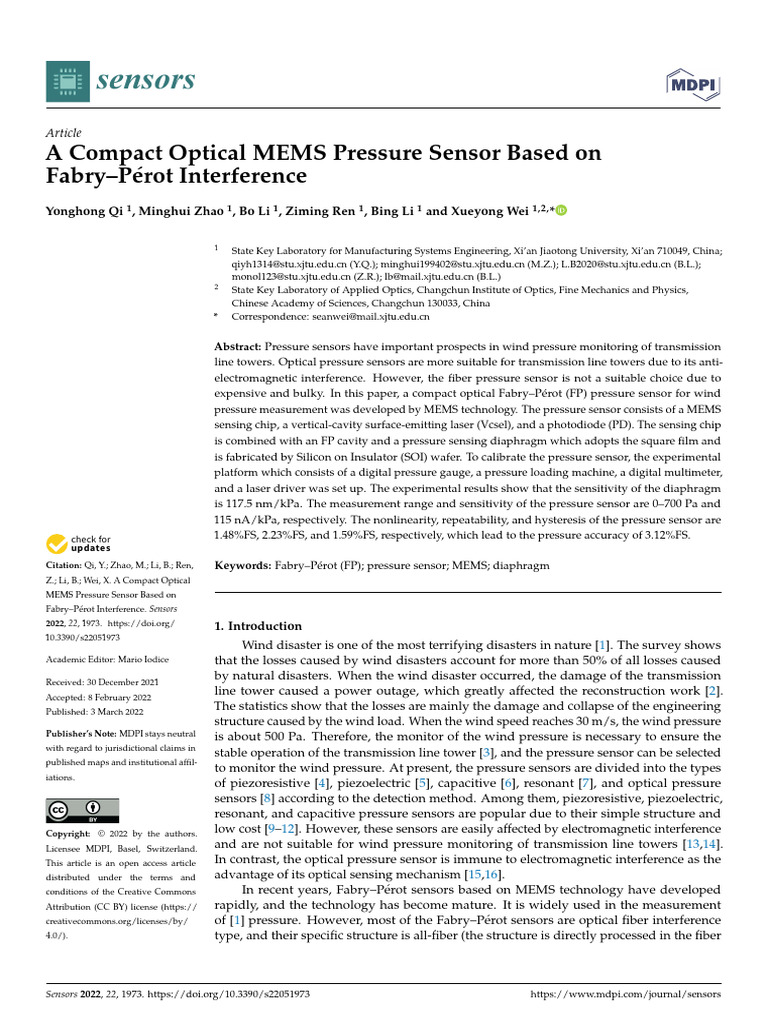 A Compact Optical MEMS Pressure Sensor Based On Fa | PDF | Pressure Measurement | Optical Fiber