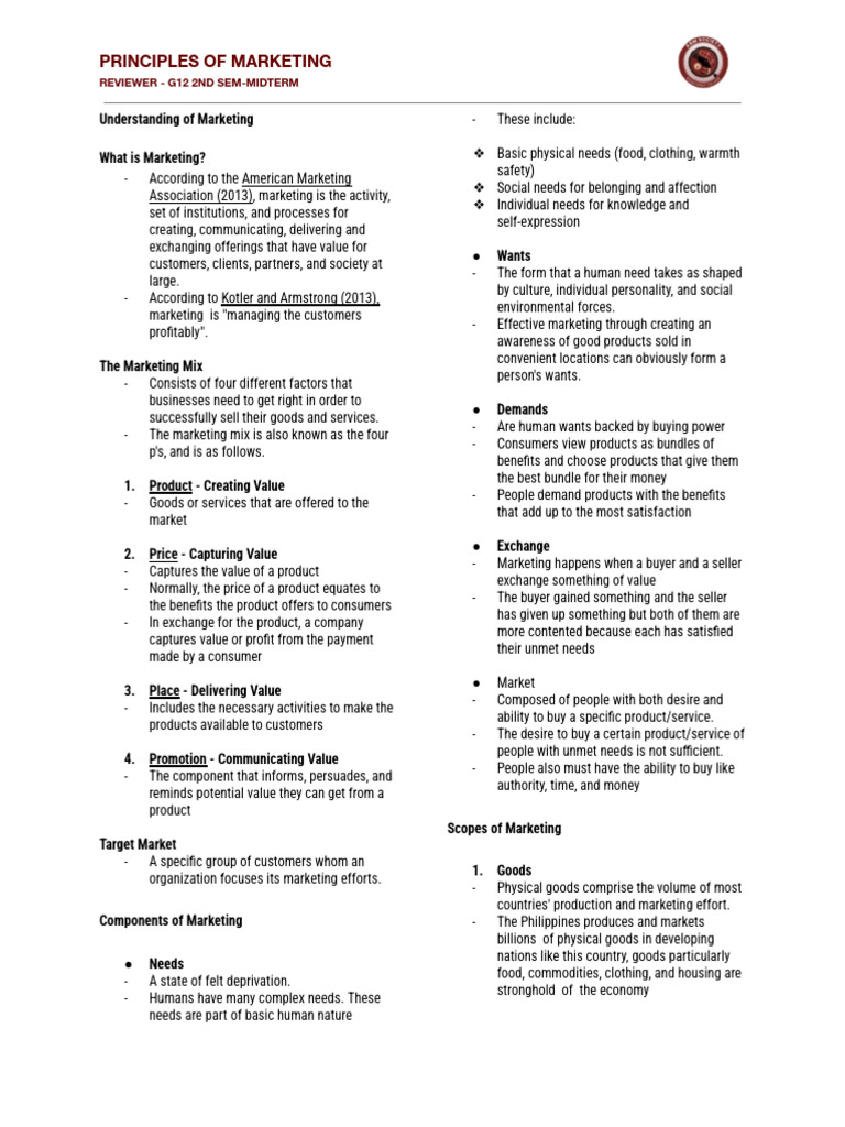 Principles of Marketing: Reviewer - G12 2Nd Sem-Midterm | PDF | Marketing | Market Segmentation