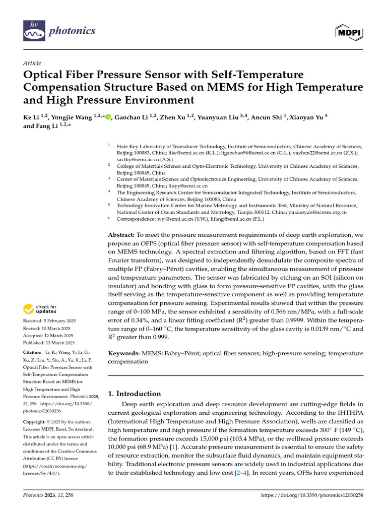 Optical Fiber Pressure Sensor With Self-Temperatur | PDF | Spectral ...