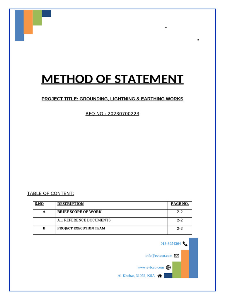 Method of Statement-Earthing & Lightning Works | PDF | Safety | Electricity