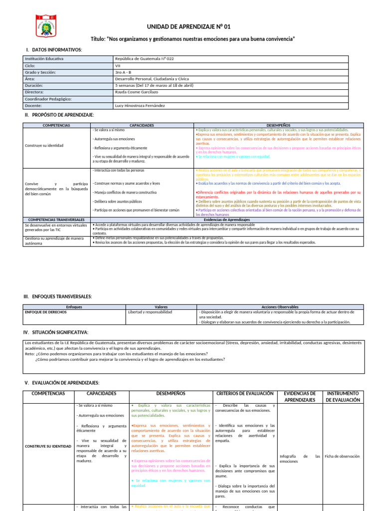 UNIDAD DE APRENDIZAJE Nº 01 DPCC 3RO 2025 | PDF | Evaluación | Las emociones
