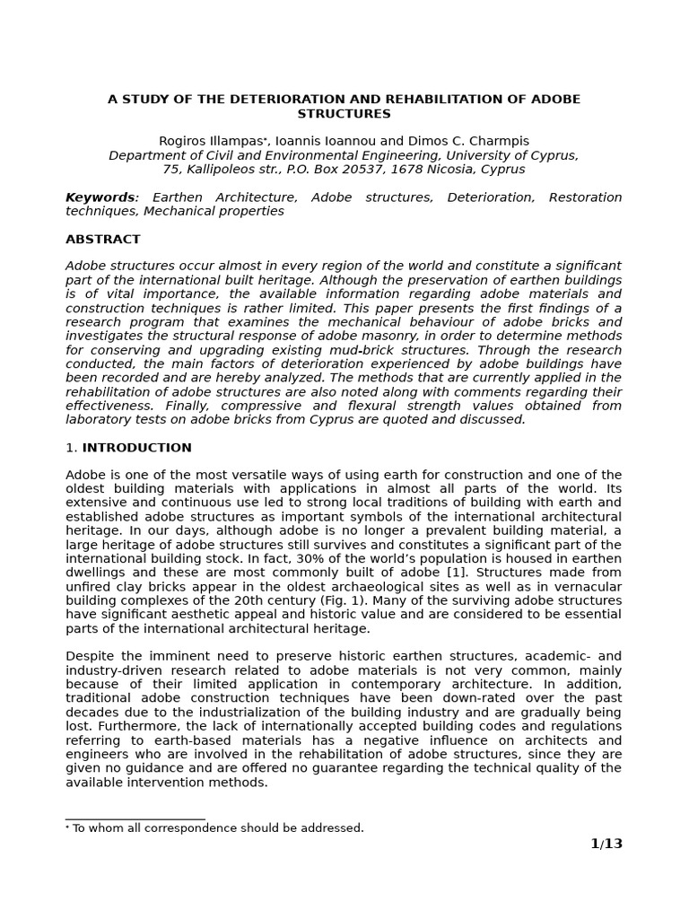 A Study of The Deterioration and Rehabilitation of Adobe Structures | PDF | Masonry | Wall