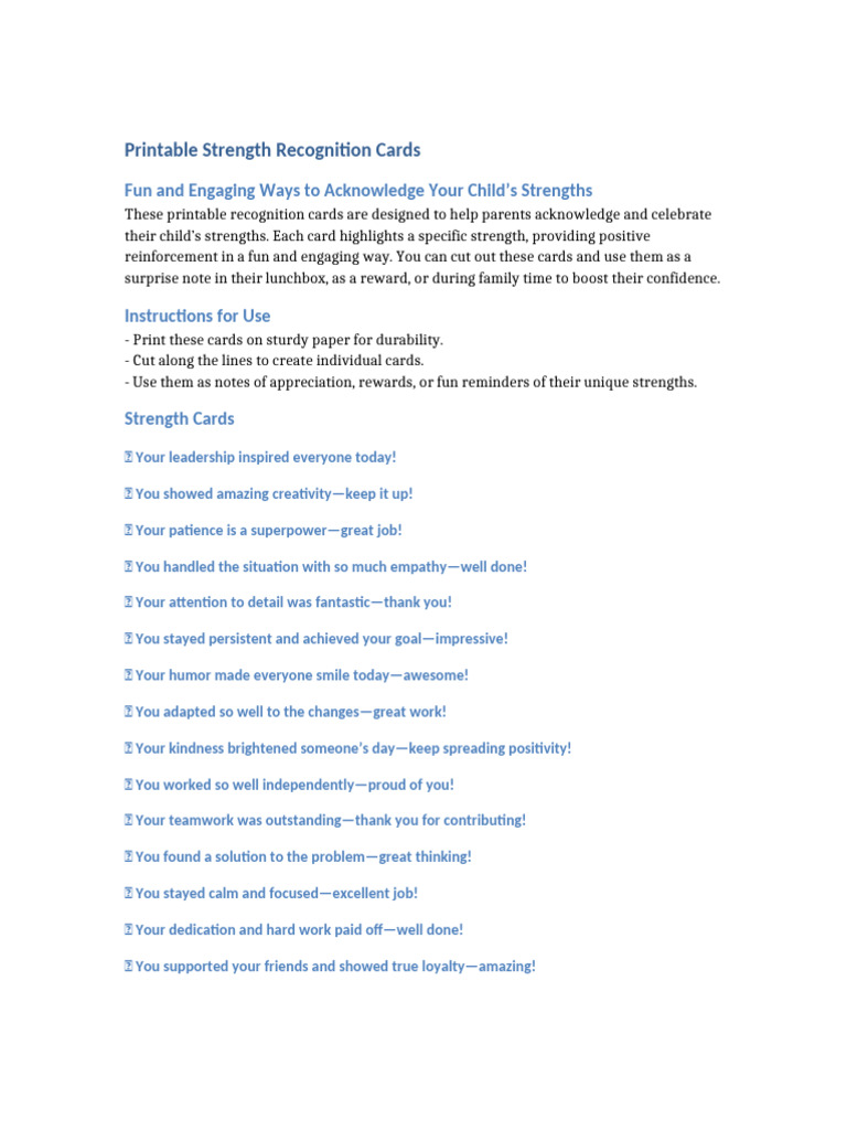 Strength Recognition Cards for Kids | PDF