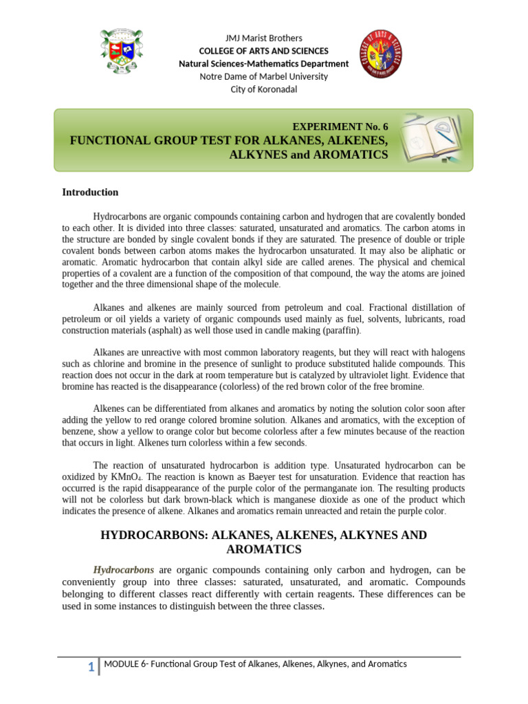 MODULE 6 - Functional Group Test For Alkanes Alkenes and Alkynes | PDF ...