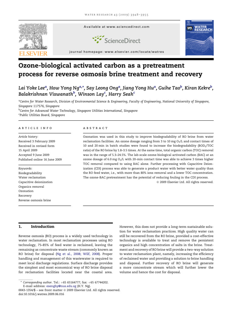 Ozone biological activated carbon as a pretreatment process for reverse ...