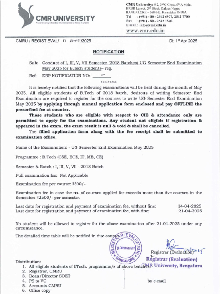 Exam Notification - UG SEE May 2025 - I, III, V, VII Sem UG (SOET) - 2018 Batch | PDF