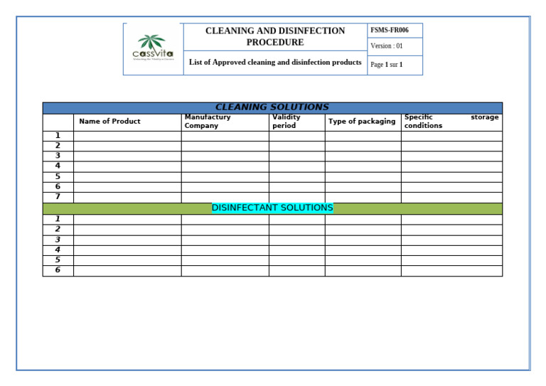 FSMS-FR006 List of Approval Cleaning and Disinfection Products | PDF