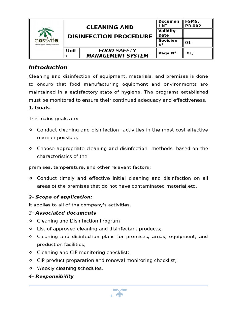 Cleaning and Disinfection Procedure | PDF | Disinfectant | Food Safety
