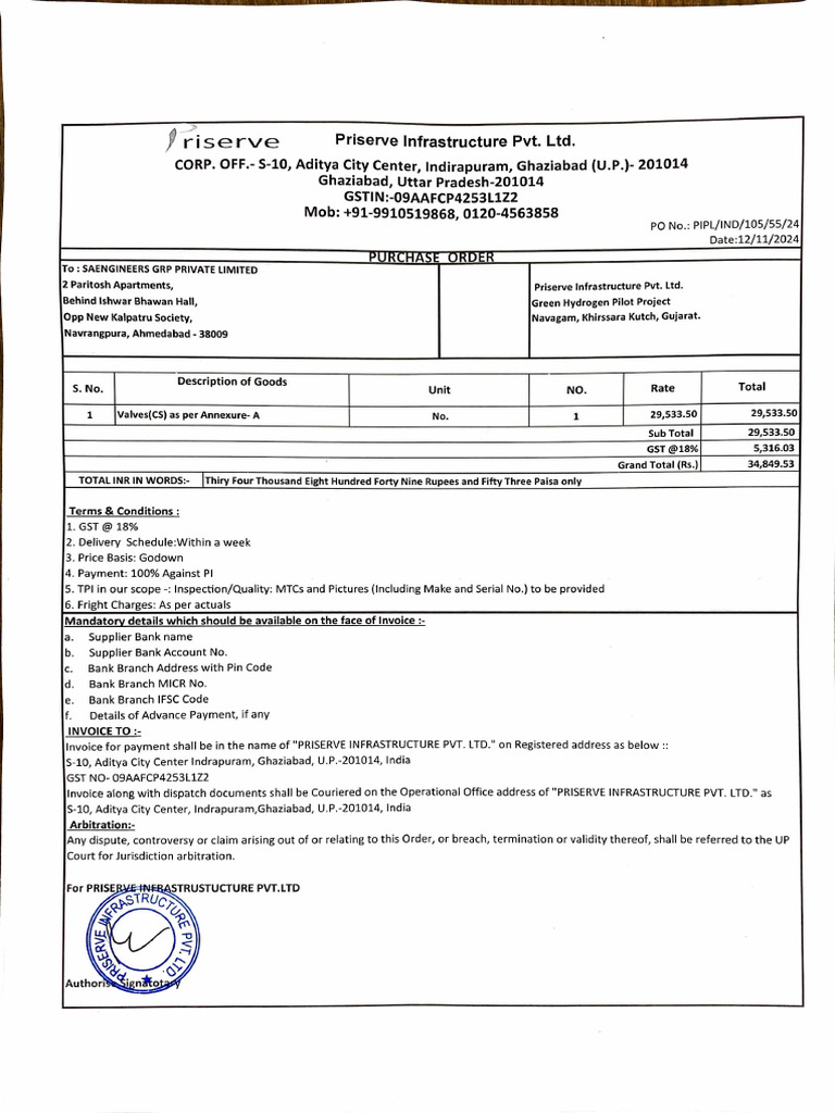 Invoice for Valves Purchase - Priserve | PDF | Valve | Plumbing
