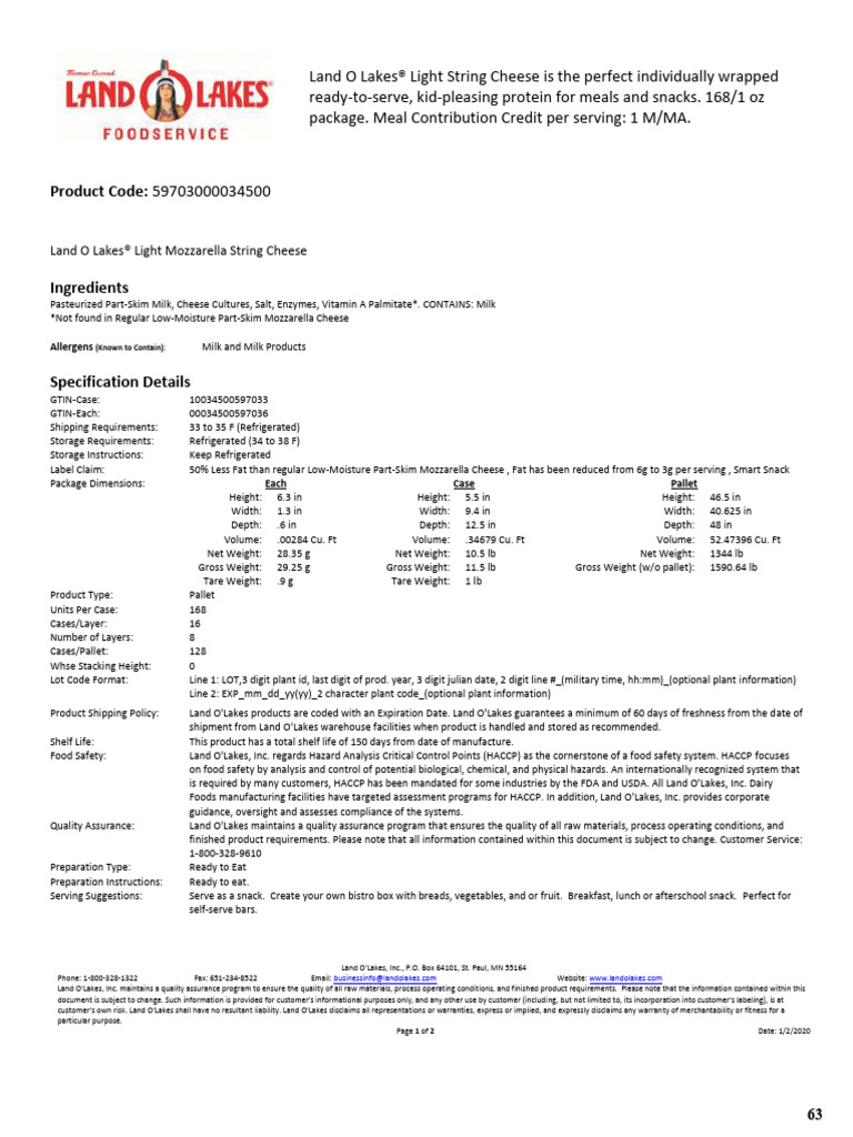 Mozzarella String Cheese 59703 Specs Land O Lakes | PDF | Fat | Hazard ...