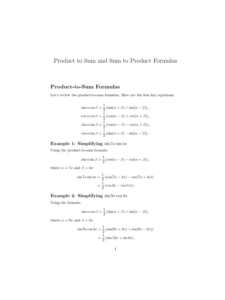 Product To Sum and Sum To Product Formulas | PDF | Mathematics ...