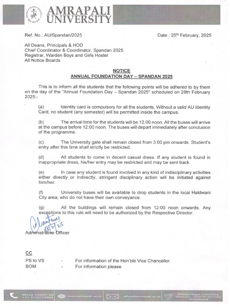 Notice Annual Foundation Day - Spandan 2025 | PDF