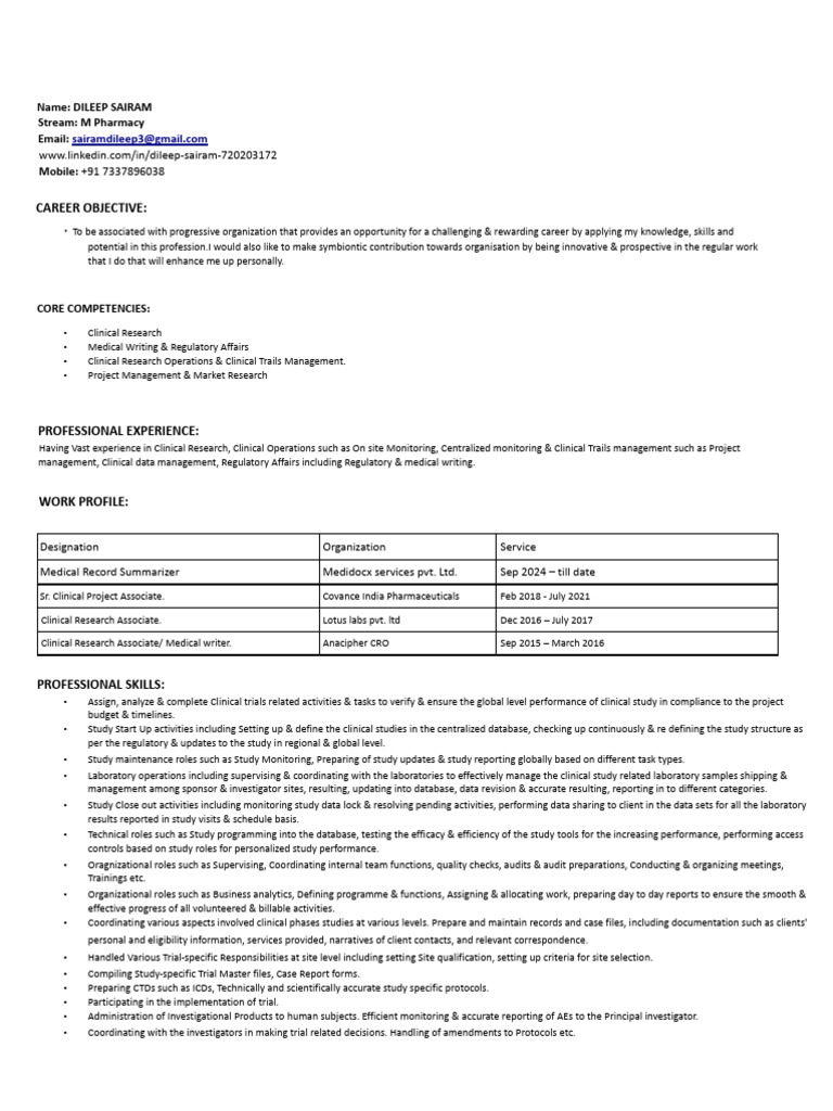 Dileep-Sairam Resume 30oct2024 | PDF | Clinical Trial | Electronic Health Record