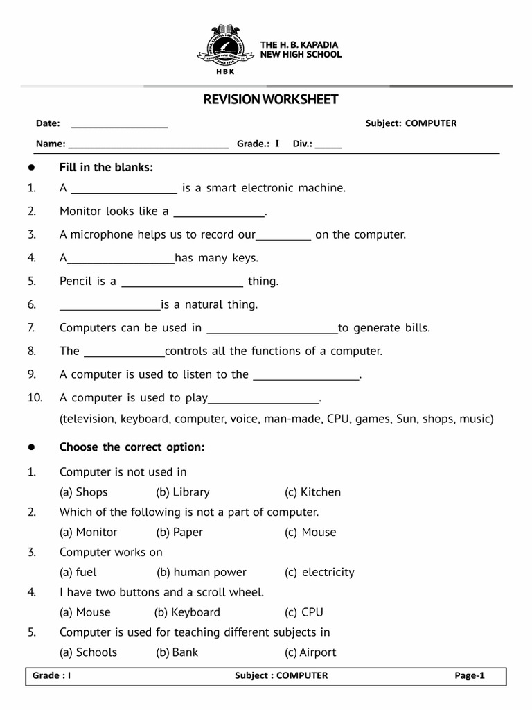 Grade-1 Computer Worksheet Revision Worksheet | PDF