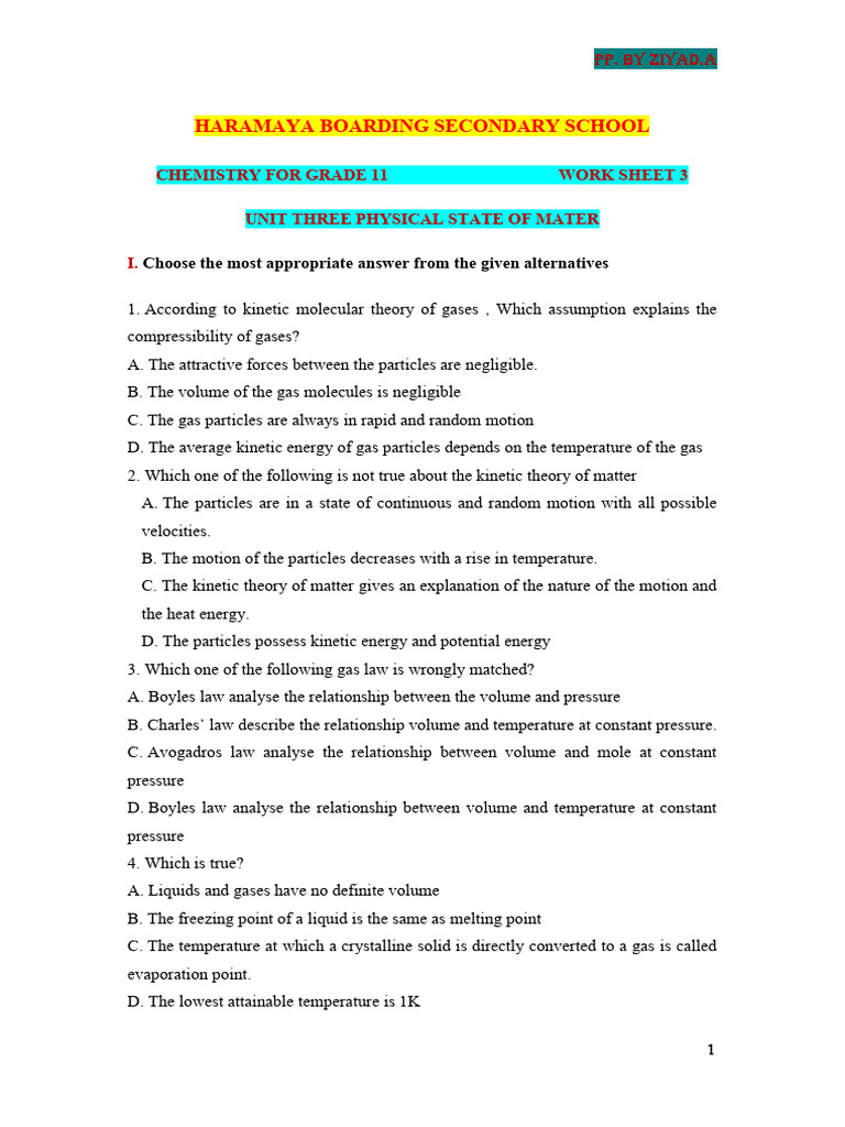 @TMHRT - Minister Unit 3 Chemistry Work Sheet For Grade 11 | PDF | Gases | Liquids