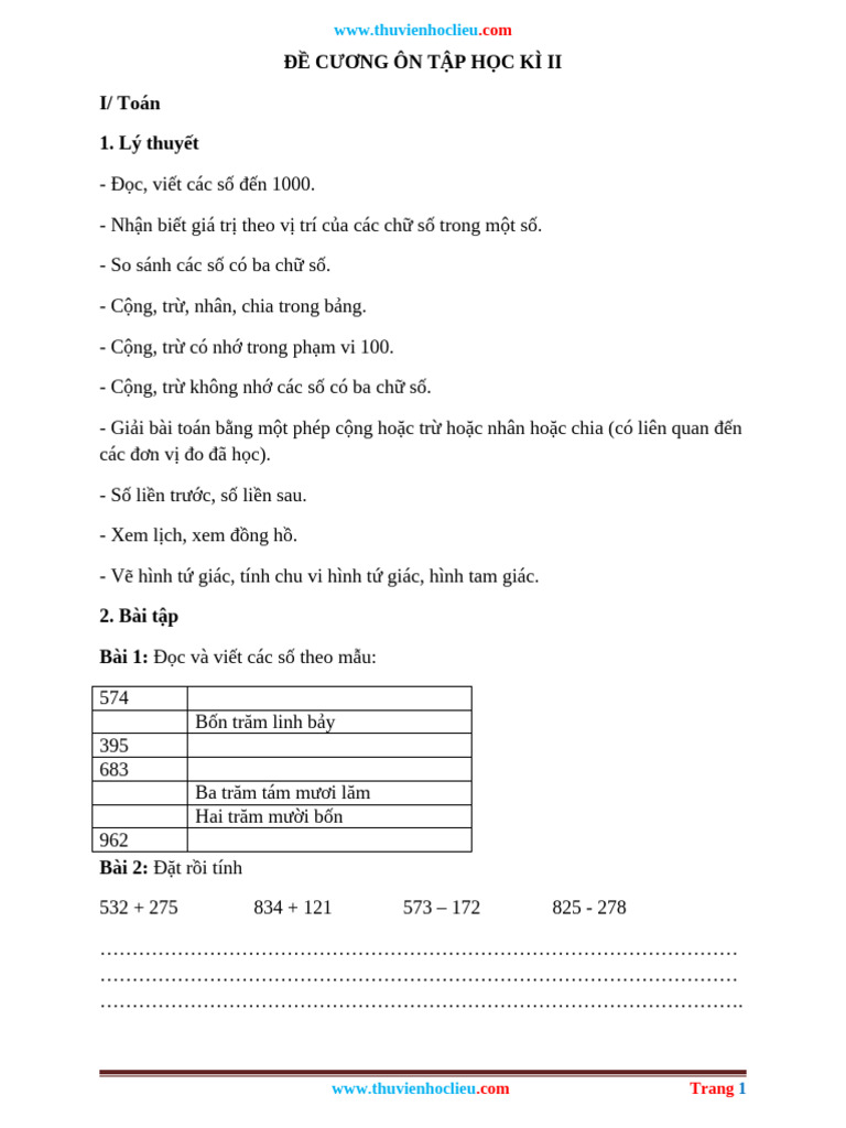 De Cuong On Tap Toan Lop 2 HK2 | PDF