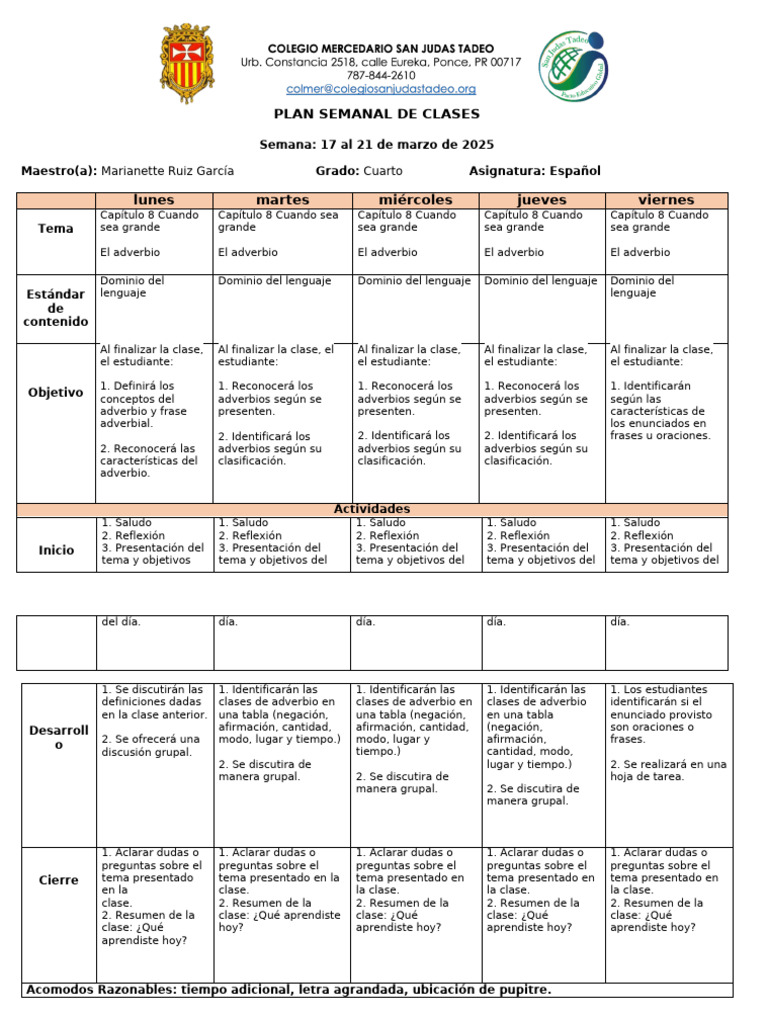 Planificación 17 Al 21 de Marzo 2025 Cuarto Grado | PDF | Adverbio ...