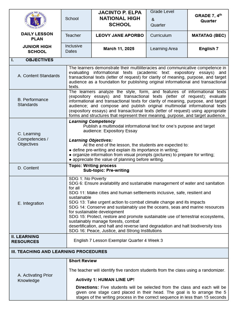 Pre-Writing Lesson Plan | PDF | Essays | Human Communication