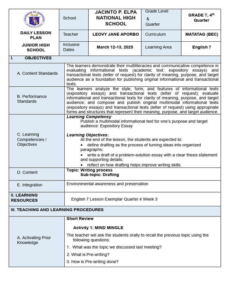 Drafting Lesson Plan | PDF | Essays | Learning