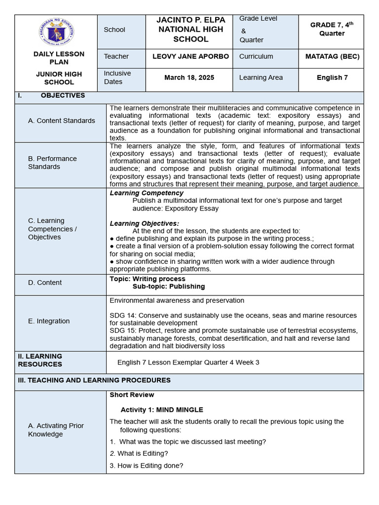 Publishing Lesson Plan | PDF | Educational Assessment | Essays