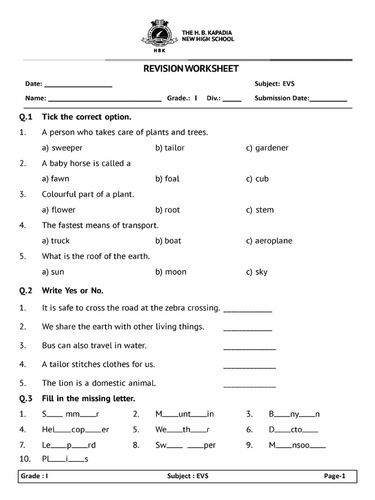Grade 1 - EVS - Revision Worksheet-1 | PDF